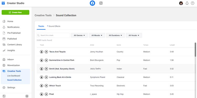 Facebook Sound Collection Library, Download Free Music for Videos